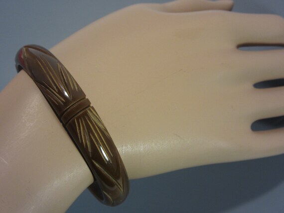 Antique Hand Carved Bakelite Bangle Vintage Art Deco - Gem