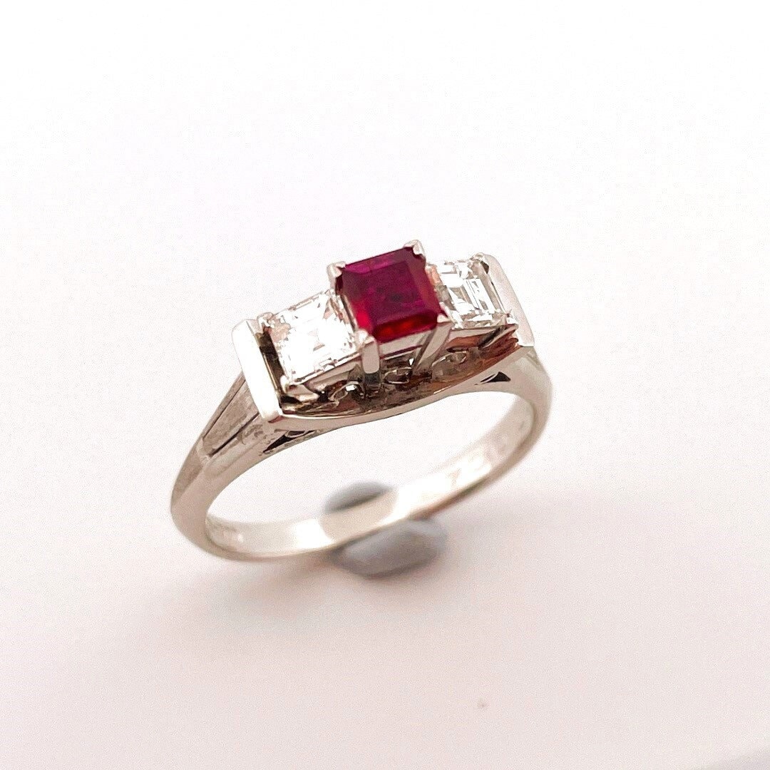 Unheated Ruby Engagement Ring Square Cut Ruby Diamond Ring Platinum ...