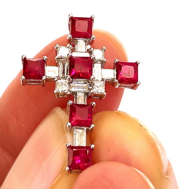 Unheated Ruby Diamond Cross 18K White Gold Crucifix Religious Christian ...