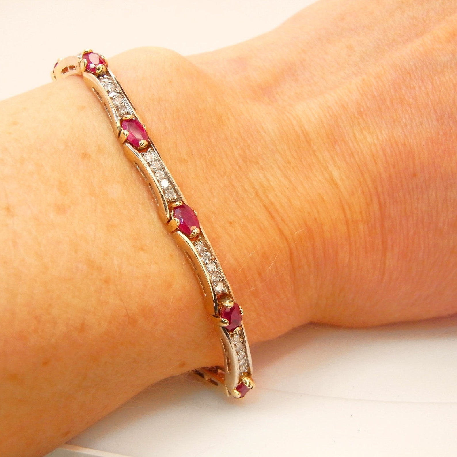 Natural Red Ruby Diamond Bracelet 14K Gold Estate Ruby Tennis Bracelet ...