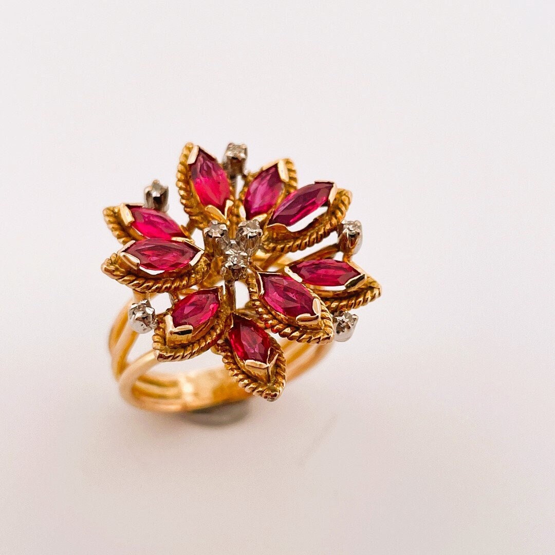 Natural Ruby Flower Ring Daisy Ring 10K Yellow Gold Marquise Cut Ruby ...