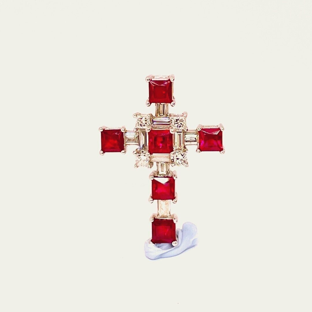 Unheated Ruby Diamond Cross 18K White Gold Crucifix Religious Christian ...