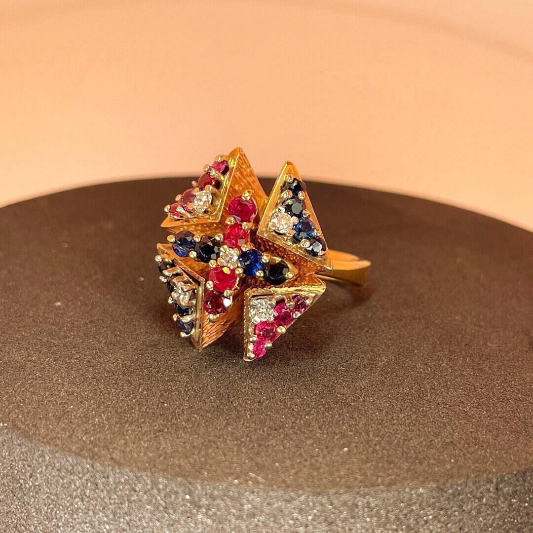 Large Modernist Ruby Sapphire Cocktail Ring Ruby Sapphire Diamond 14K ...