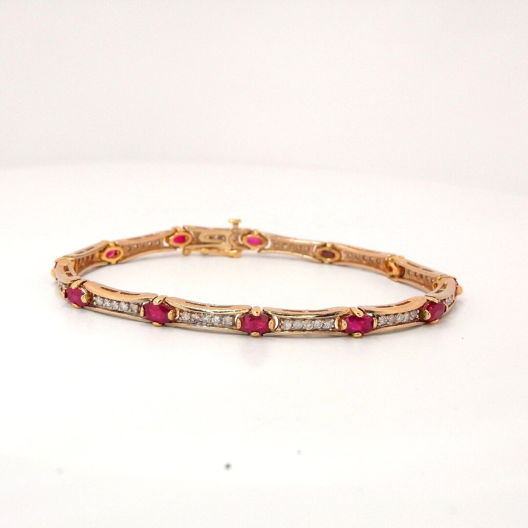 Natural Red Ruby Diamond Bracelet 14K Gold Estate Ruby Tennis Bracelet ...