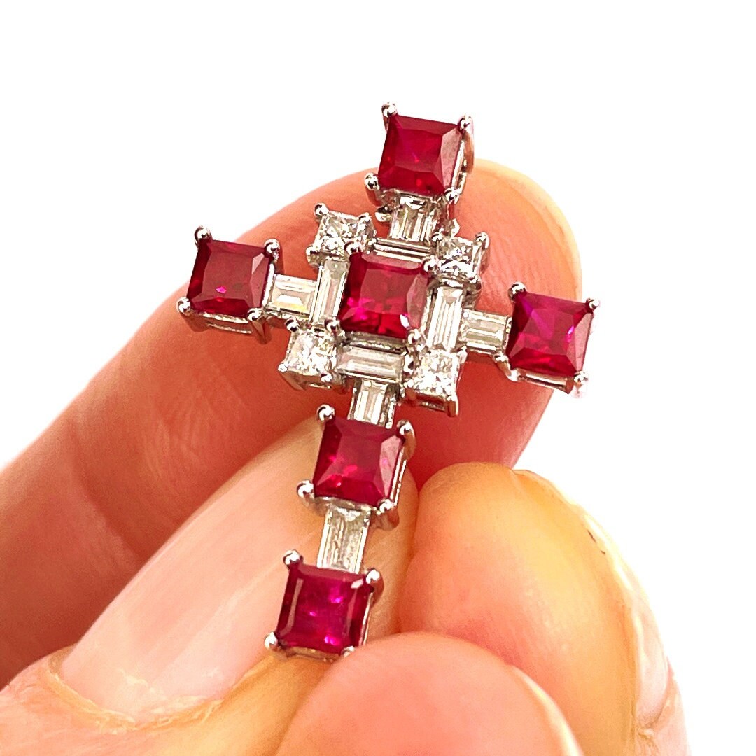 Unheated Ruby Diamond Cross 18K White Gold Crucifix Religious Christian ...