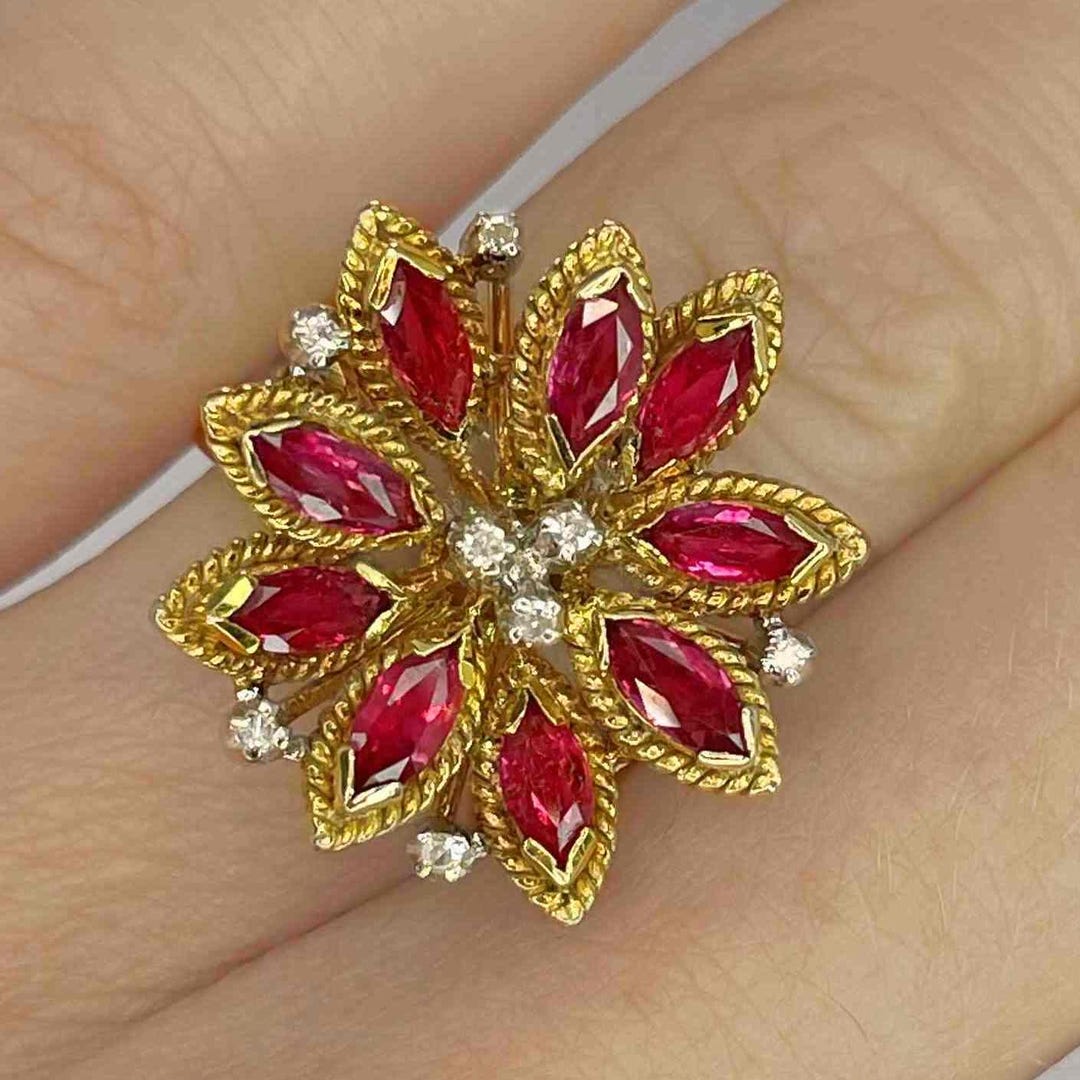 Unheated Ruby Flower Ring Ruby Diamond Daisy Ring 10K Yellow Gold ...