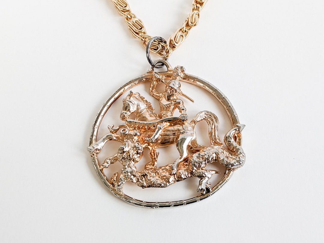 St George Necklace, St George Slaying the Dragon Oversized Gold Tone ...