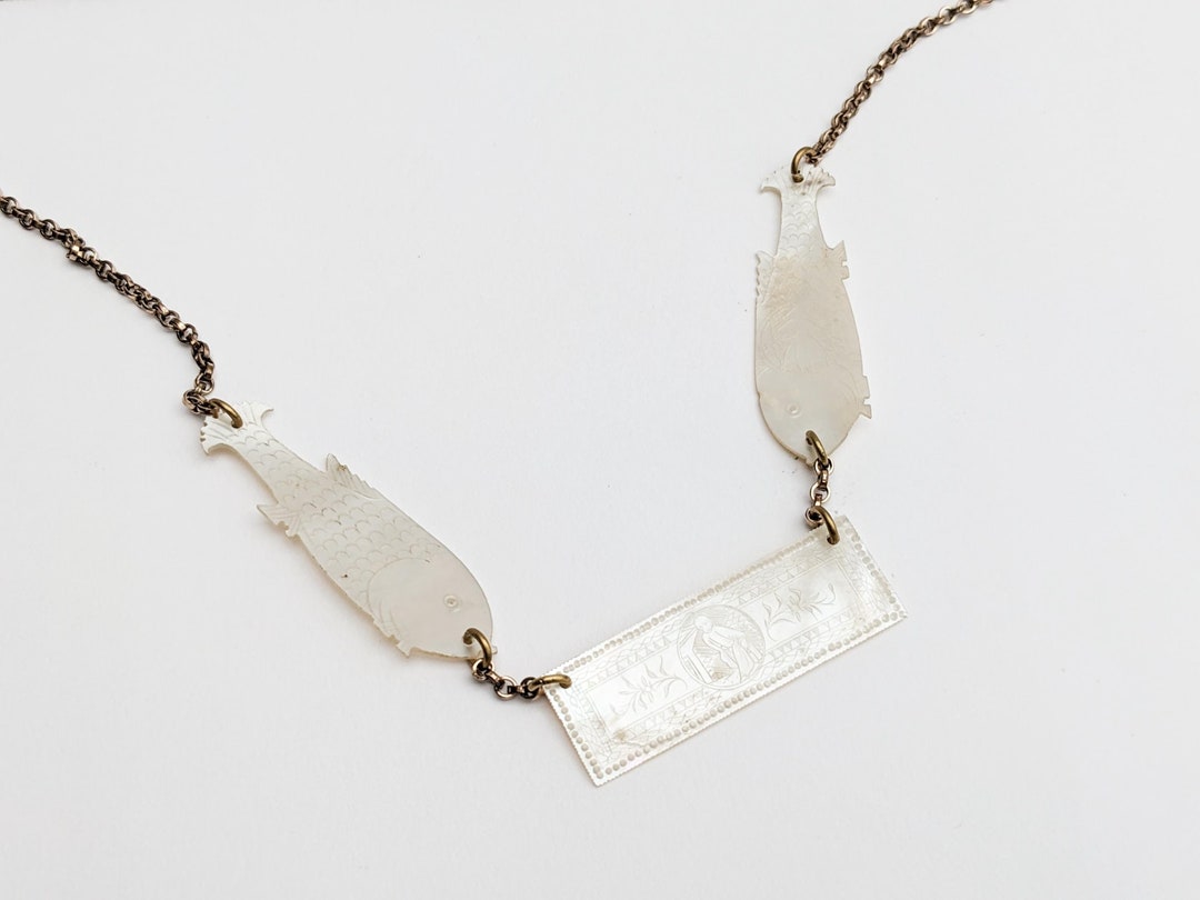Antique Fish Necklace, Carved Mother of Pearl Shell, Repurposed Chinese ...