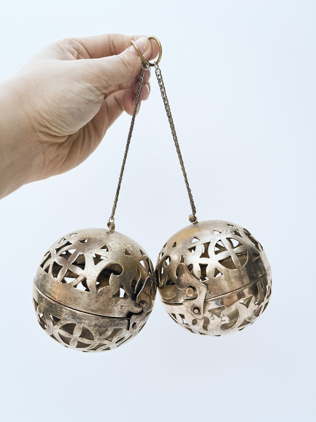 Vintage Potpourri Balls Pair, Distressed Pierced Silver Plated Brass ...