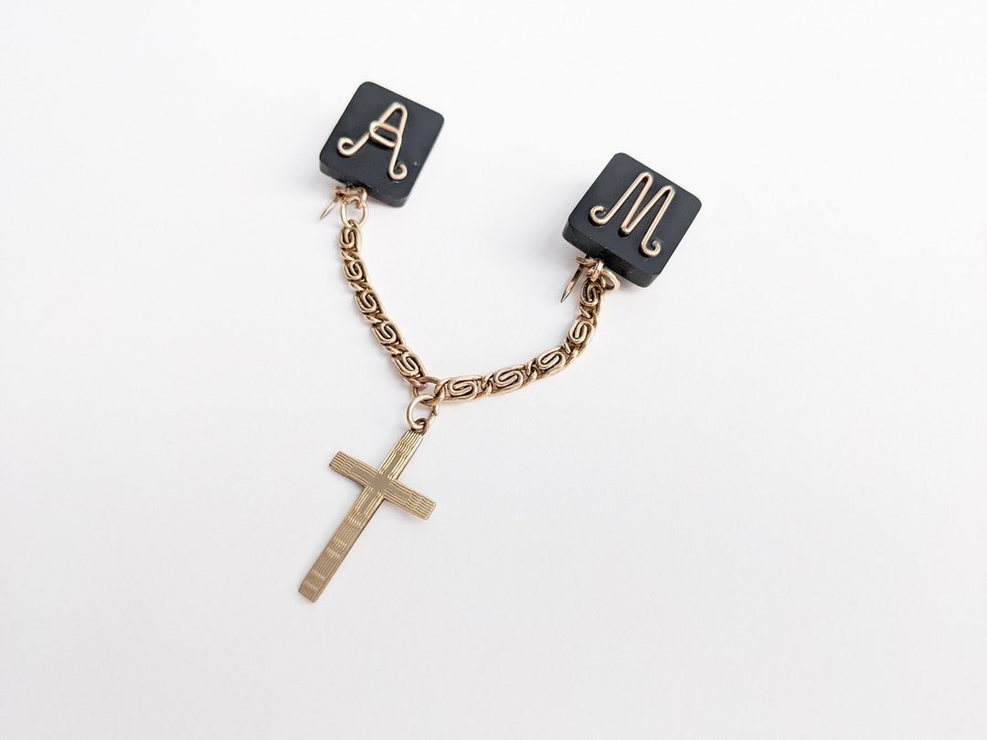 Antique Monogram Collar Pins, 9ct Back + Front Holy Cross, MA Monogram ...