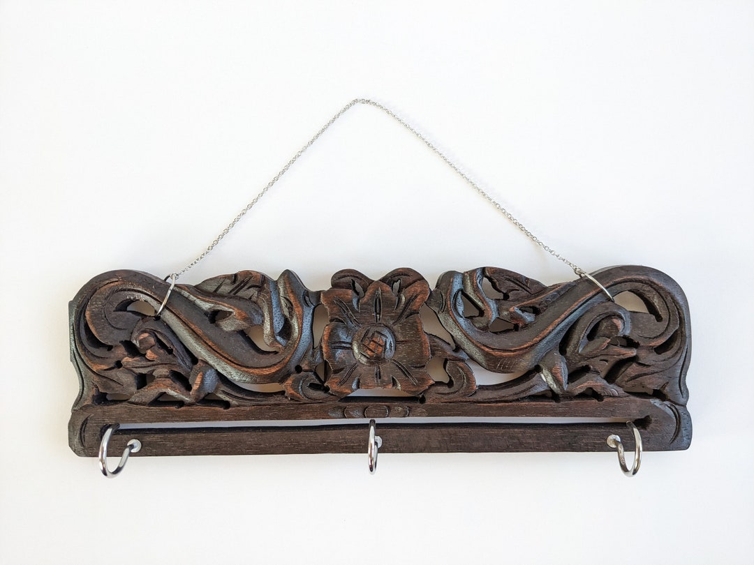 Vintage Key Rack, Dark Carved Wood Wall Hanging Key Holder Storage, 3 ...