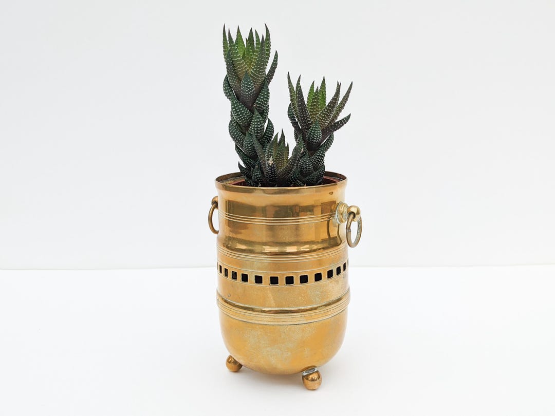 Vintage Mini Brass Planter, Pierced Gold Tone Metal Round Plant Pot ...