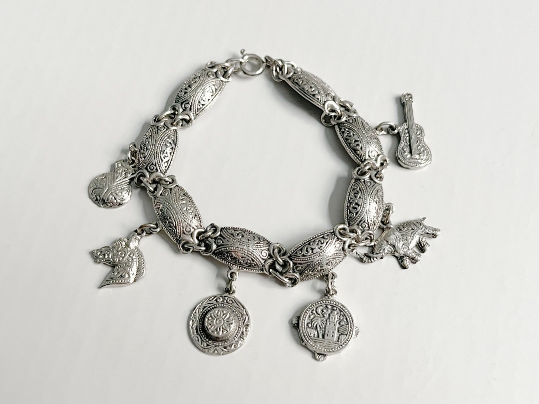 Vintage Spanish Charm Bracelet, Castanet, Elephant, Horse Head ...