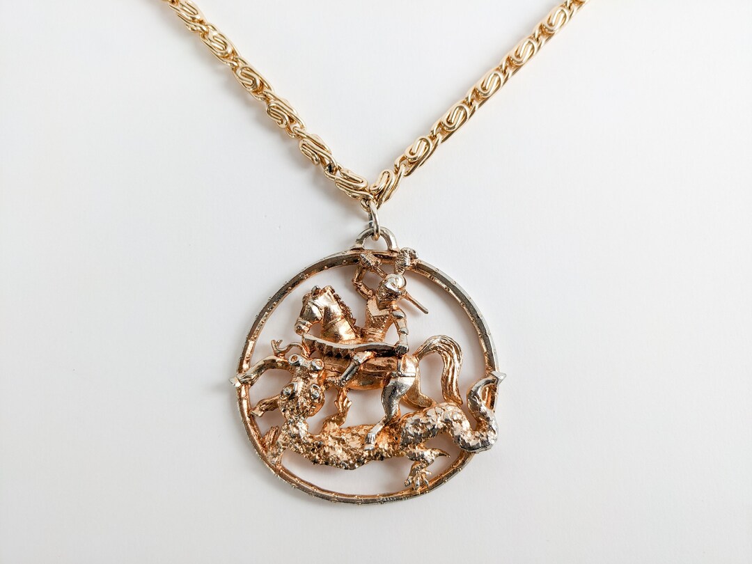 St George Necklace, St George Slaying the Dragon Oversized Gold Tone ...