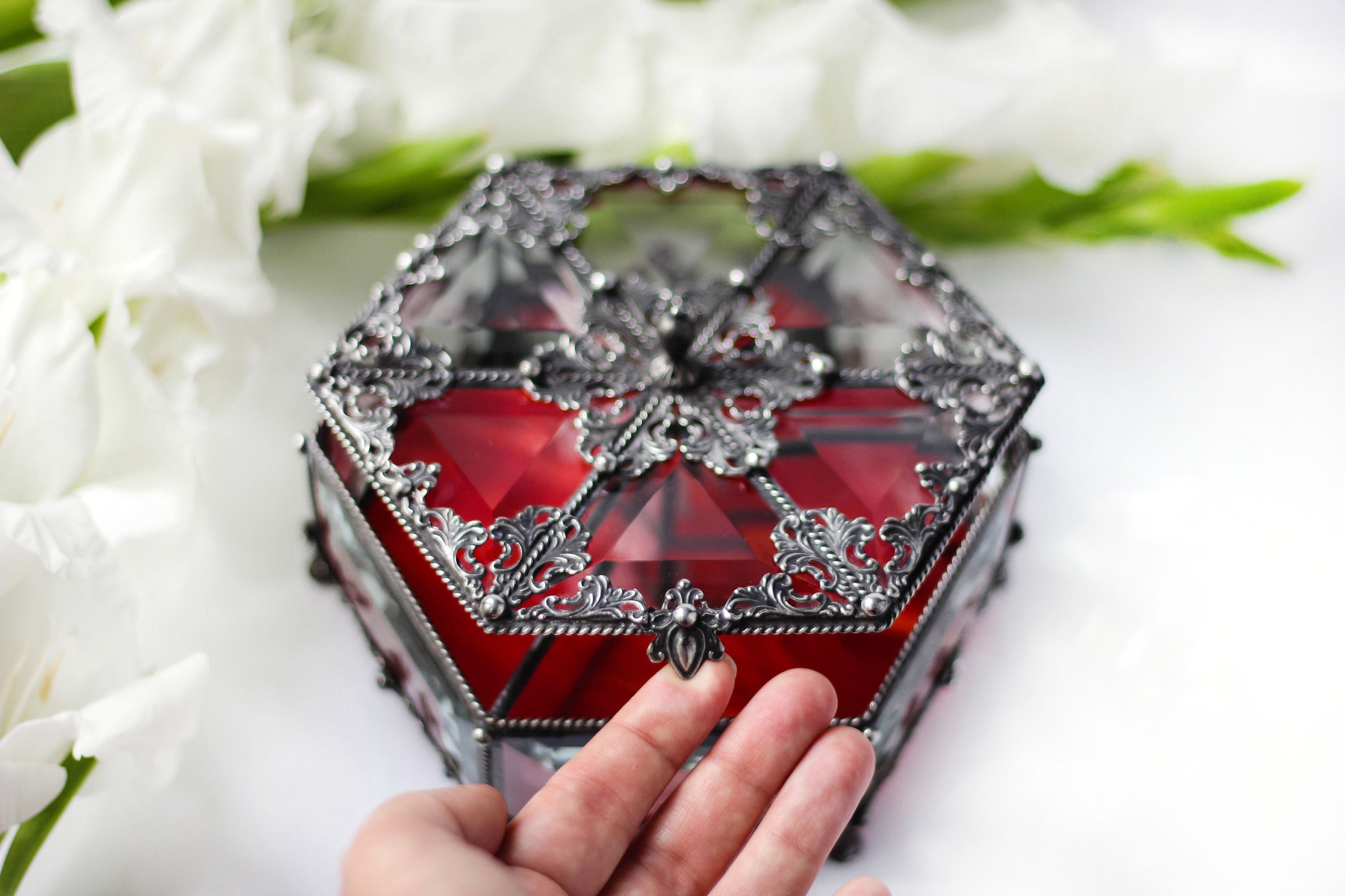 Vintage Stained Glass Jewelry Box, Hexagon Casket, Dark Silver - Etsy
