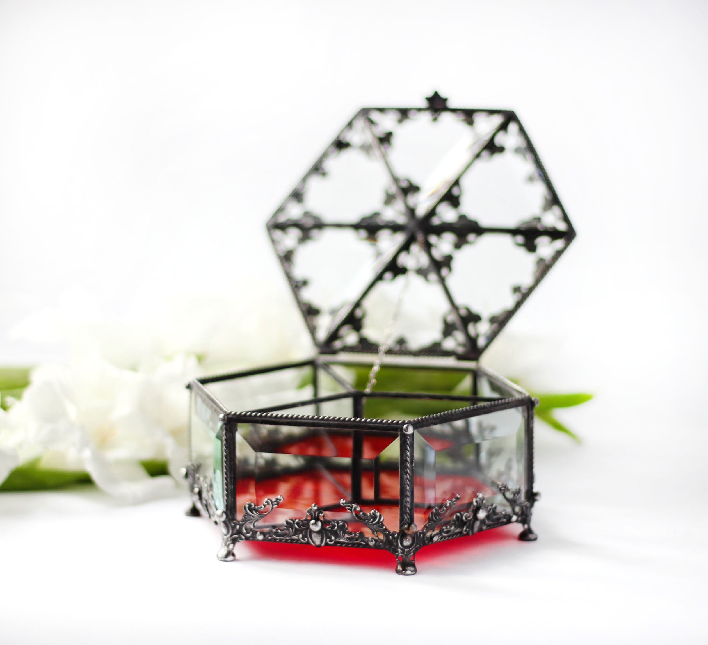 Vintage Stained Glass Jewelry Box, Hexagon Casket, Dark Silver - Etsy