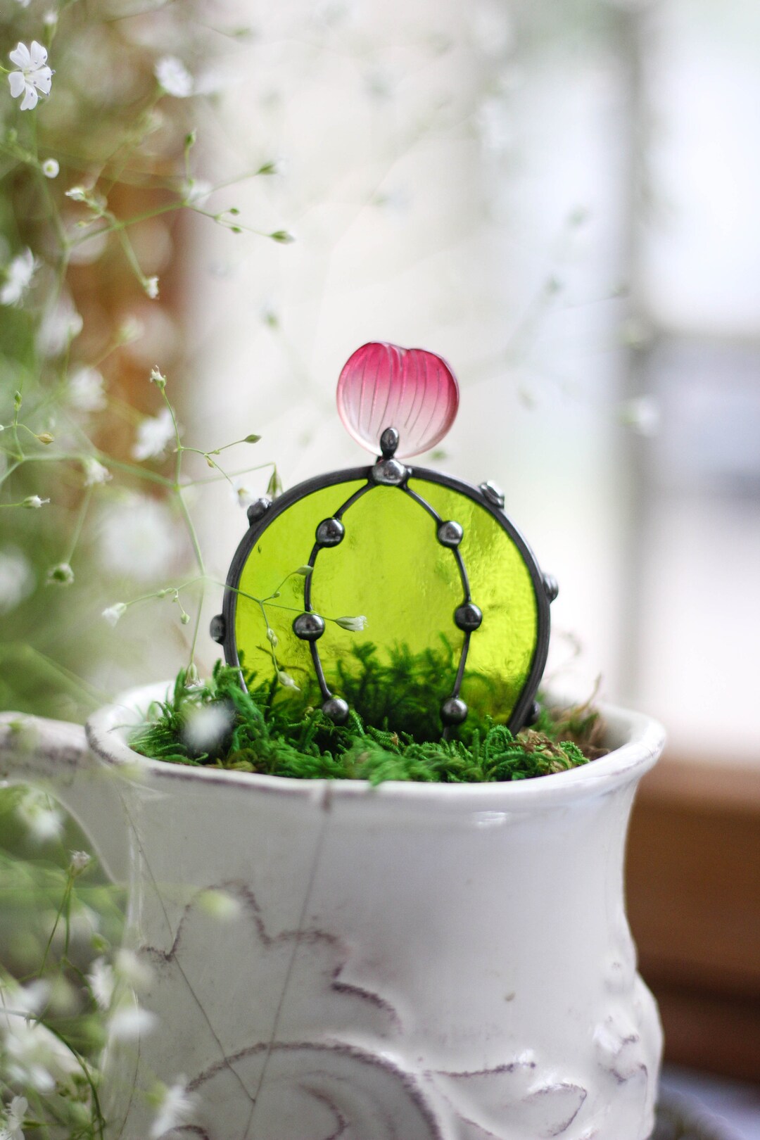 Round Cactus With Pink Flower, Stained Glass Cactus, Succulent Plant ...