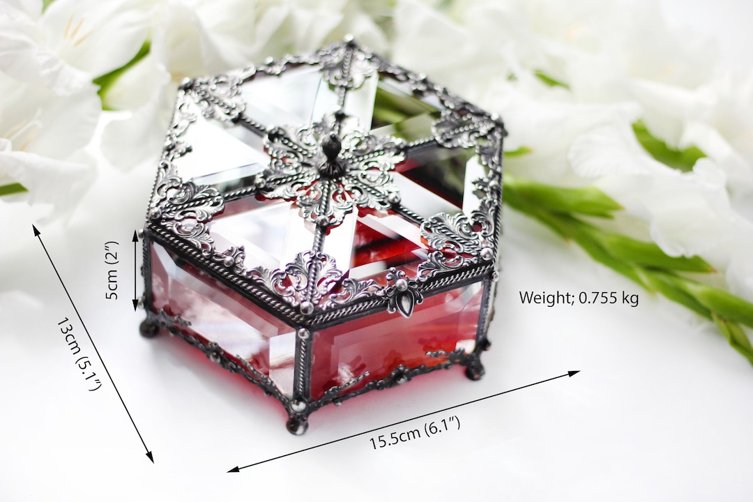 Vintage Stained Glass Jewelry Box, Hexagon Casket, Dark Silver - Etsy