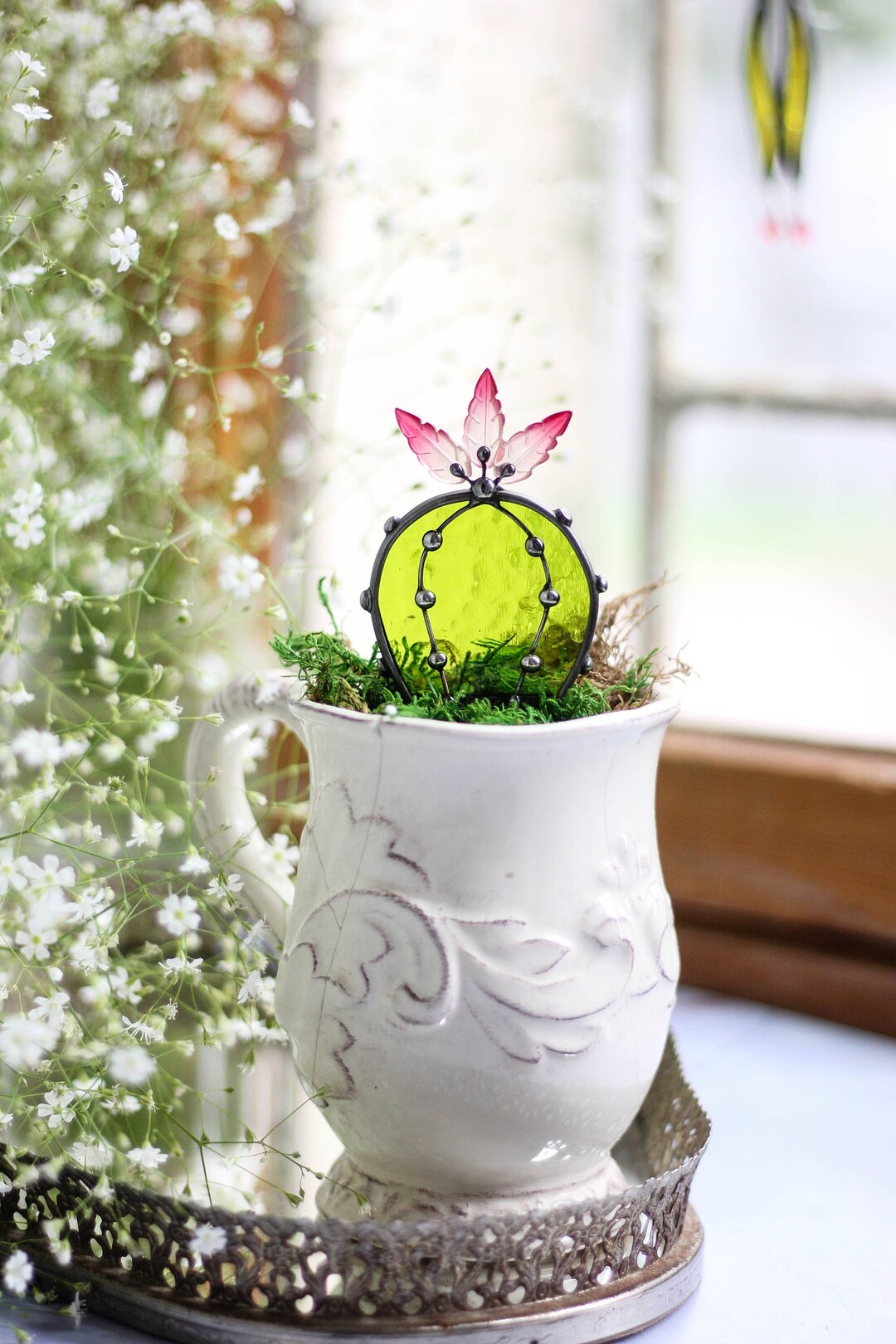 Round Cactus With Pink Flower, Stained Glass Cactus, Succulent Plant ...
