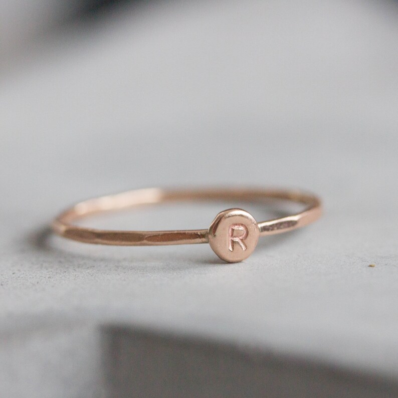 Rose Gold Initial Ring Tiny Dainty Stacking Ring 9K Rose - Etsy