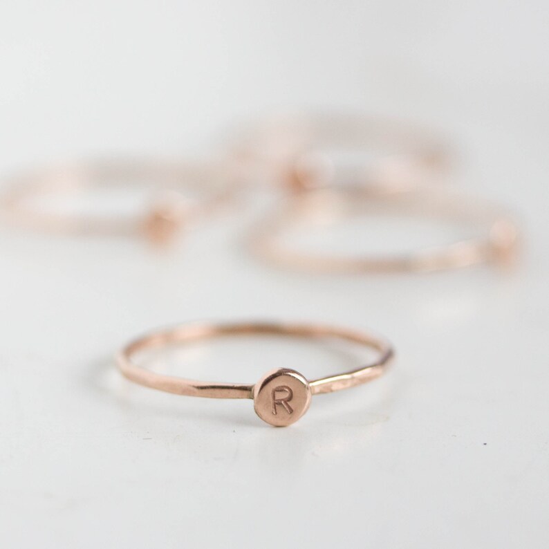 Rose Gold Initial Ring Tiny Dainty Stacking Ring 9K Rose - Etsy
