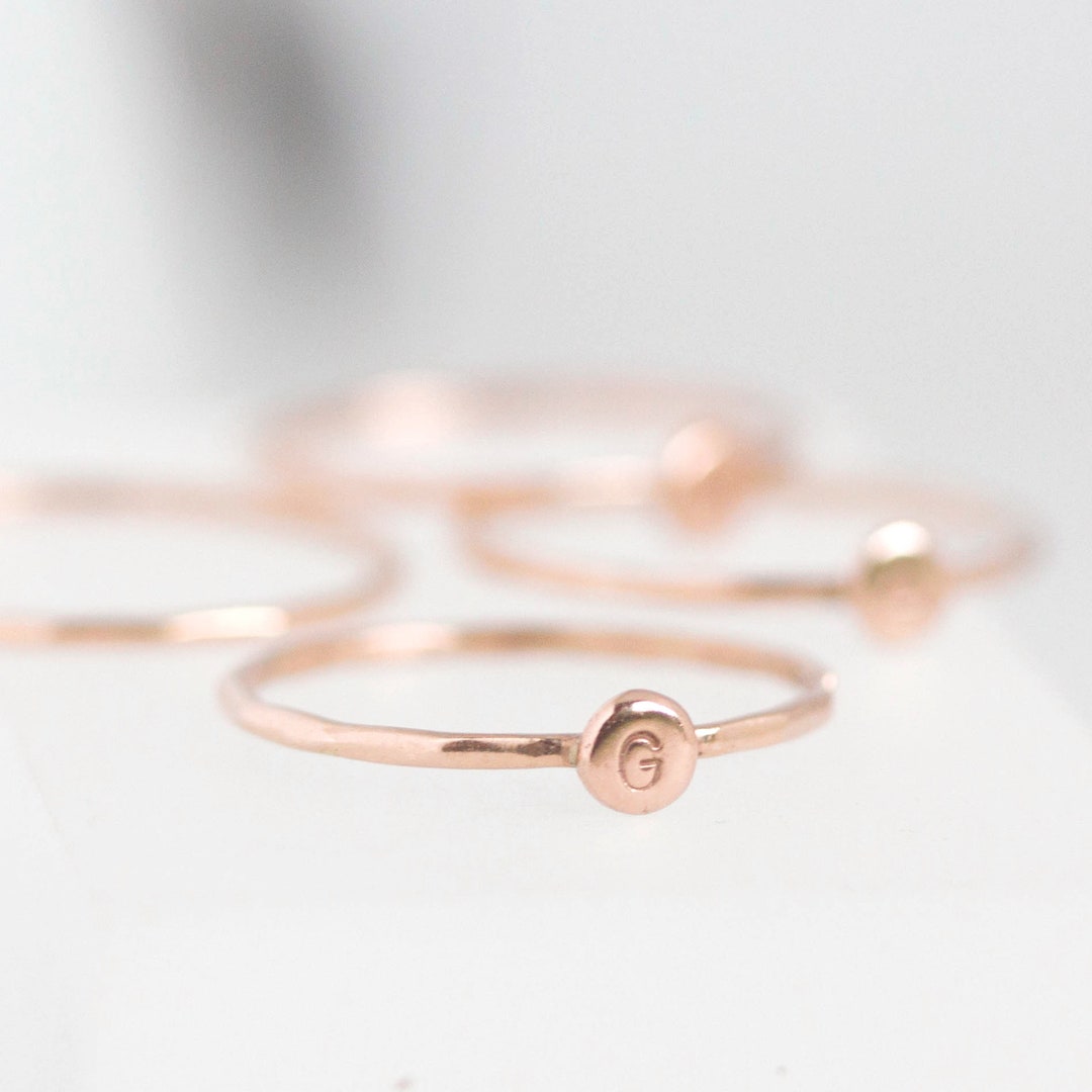 Rose Gold Initial Ring, Tiny Dainty Stacking Ring, 9K Rose Gold Stackable Ring - Etsy