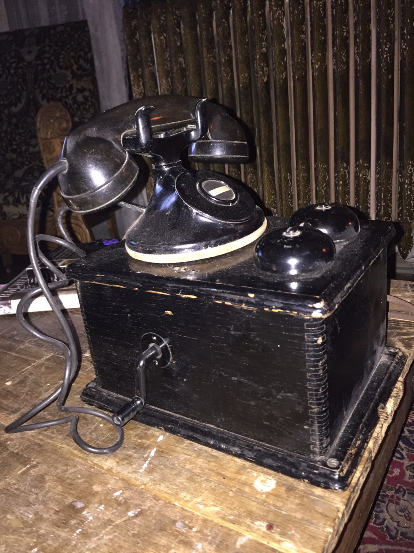 Antique Bakelite Desk Phone and Oak Ringer Box Which Was Painted Black ...