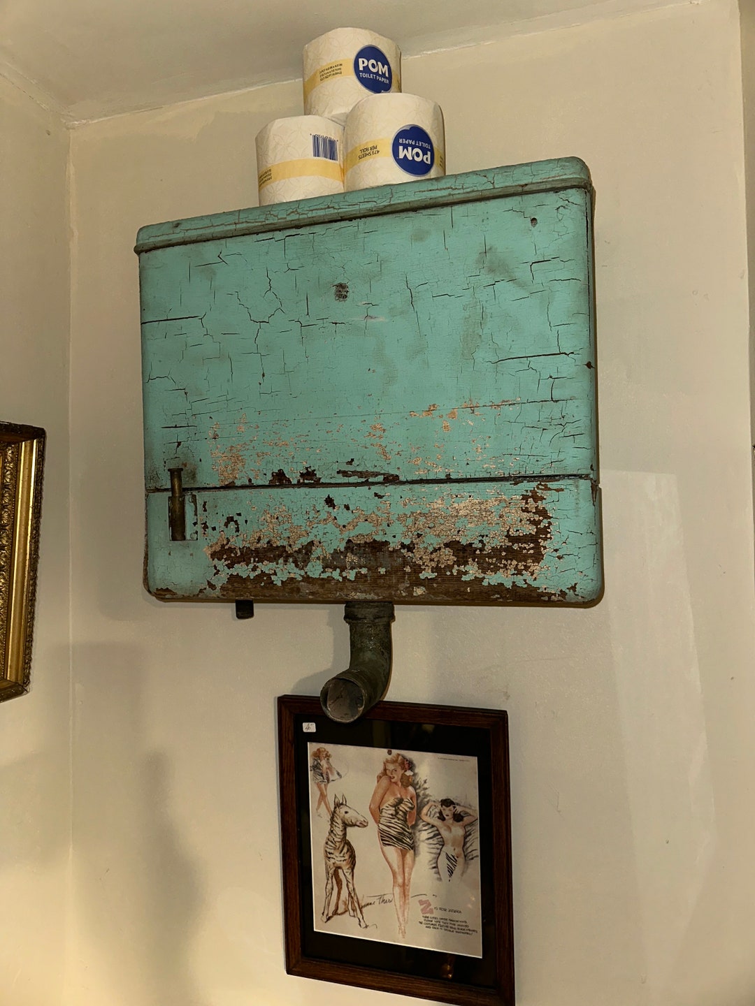 Antique Wall Mounted Wooden Toilet Tank With Lid, Copper Lined, PUSH ...