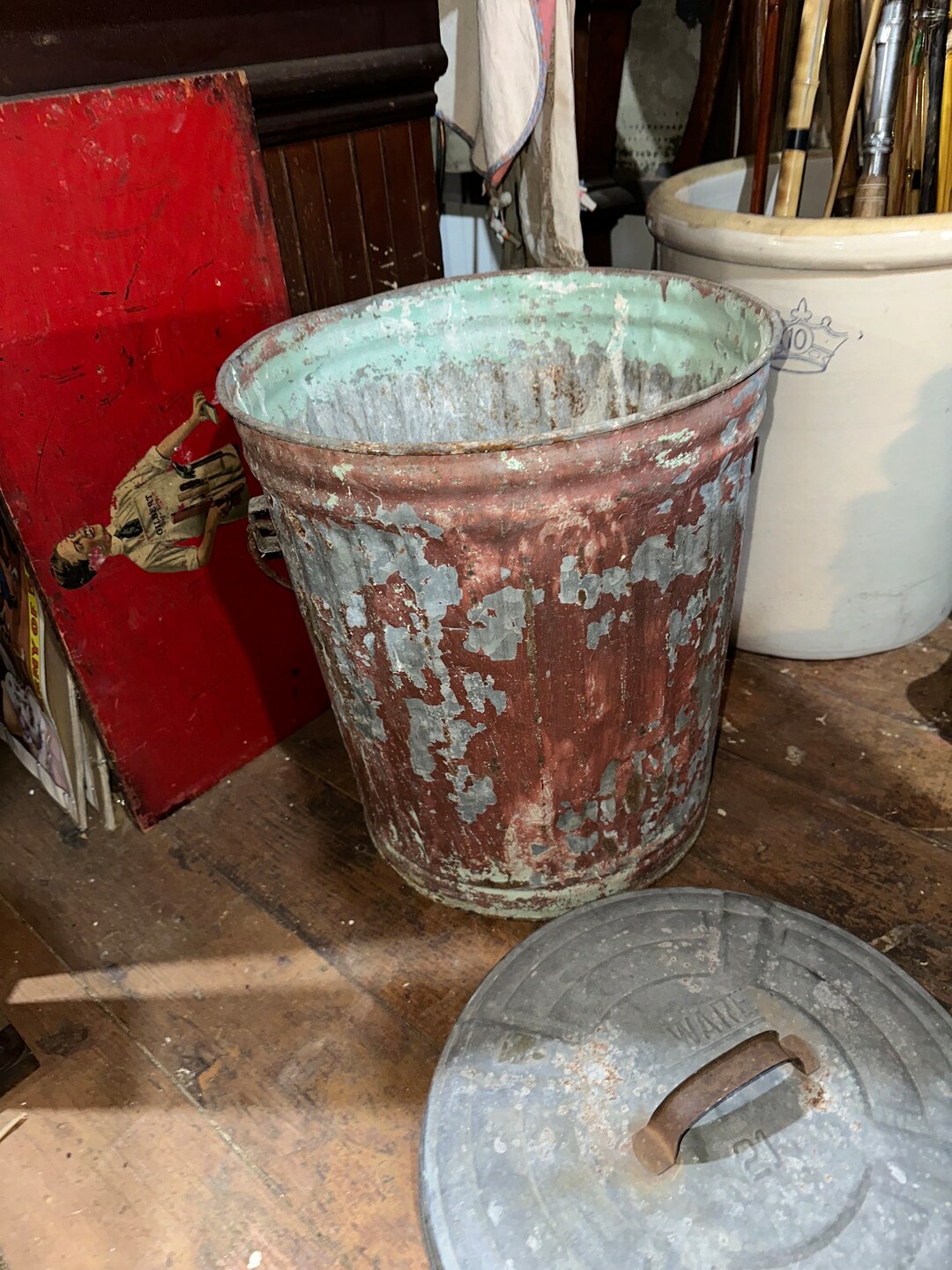 Antique Garbage Can, Painted, Approximately 17 1/2” Tall 14” Diameter ...