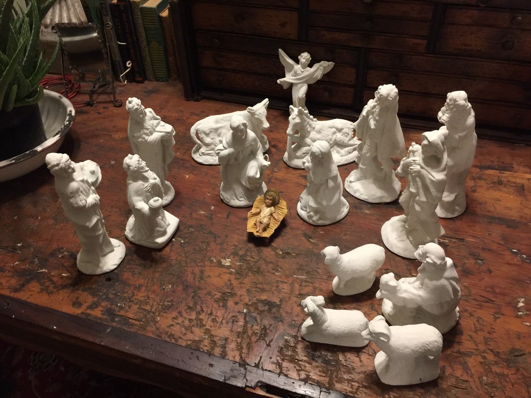 Vintage, Nativity Set and Manger Approx 1950s, 16 Pieces, Hand Painted ...