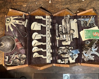 RARE Antique Singer Treadle Sewing Puzzle Oak Box Assorted Attachments ...