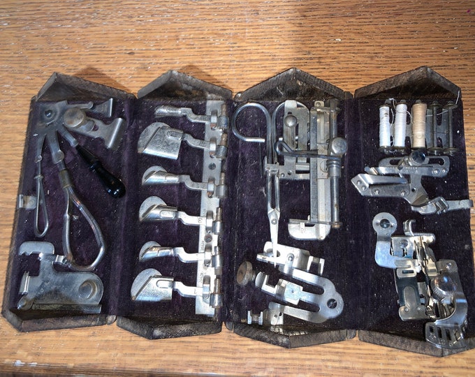 Antique Singer Puzzle Box Assorted Attachments and Bobbin Accessory Kit ...