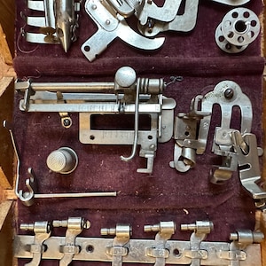 Antique Singer Puzzle Box Assorted Attachments and Bobbin Accessory Kit ...