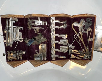 RARE Antique Singer Treadle Sewing Puzzle Oak Box Assorted Attachments ...