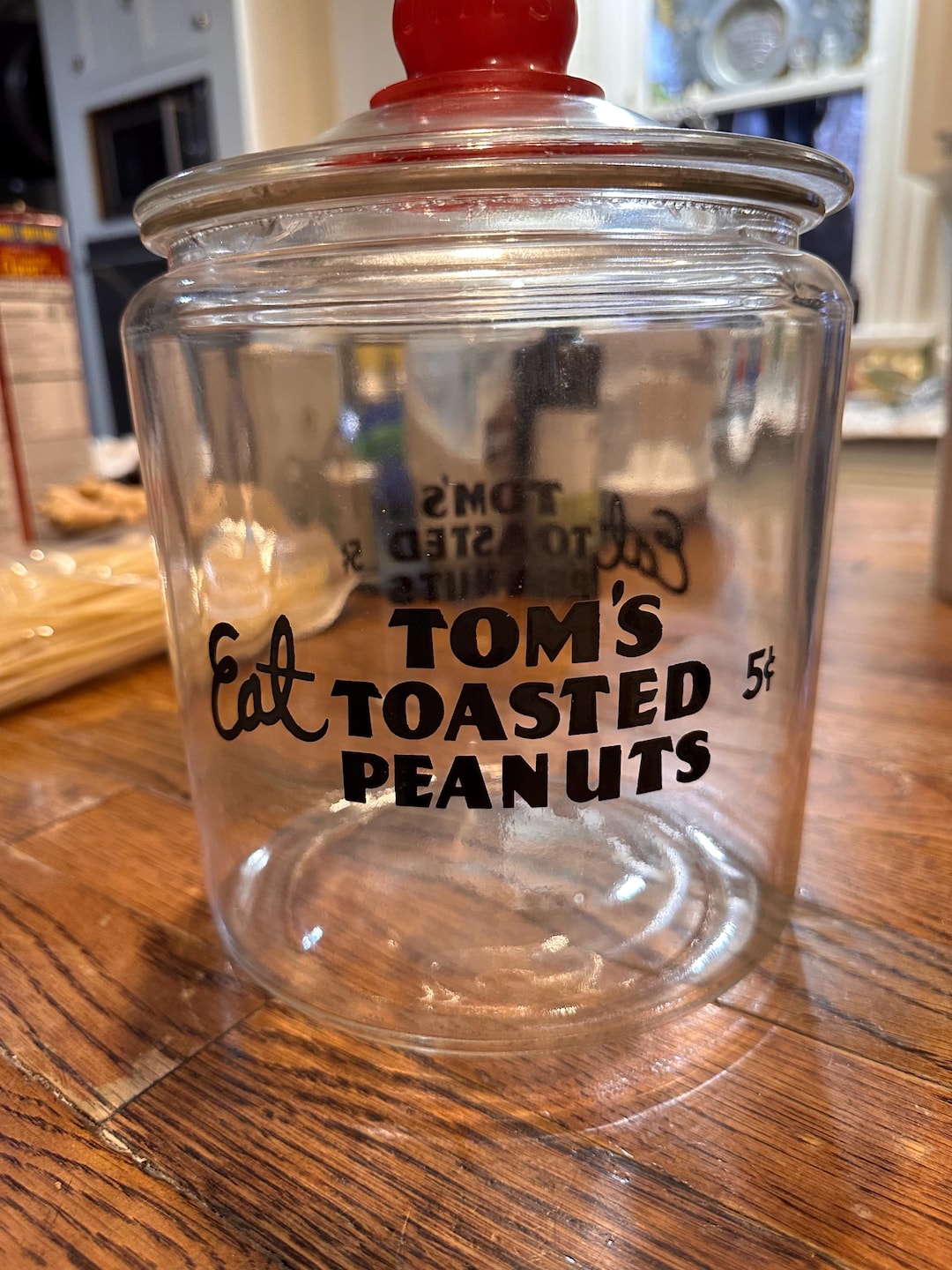 Vintage Counter Top Eat Tom's Toasted Peanuts Glass Jar 5 Cents Embossed Red Lid - Etsy
