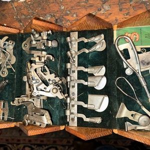 Antique Singer Puzzle Box Assorted Attachments and Bobbin Accessory Kit ...