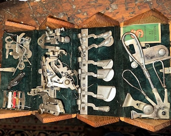 RARE Antique Singer Treadle Sewing Puzzle Oak Box Assorted Attachments ...