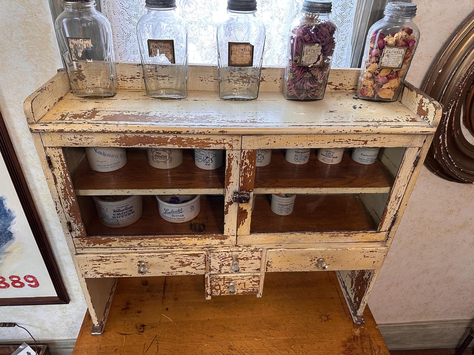 Beautiful Antique Possum Belly Bakers Table, Numerous Drawers and Flour ...