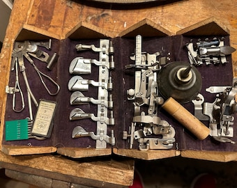 RARE Antique Singer Treadle Sewing Puzzle Oak Box Assorted Attachments ...