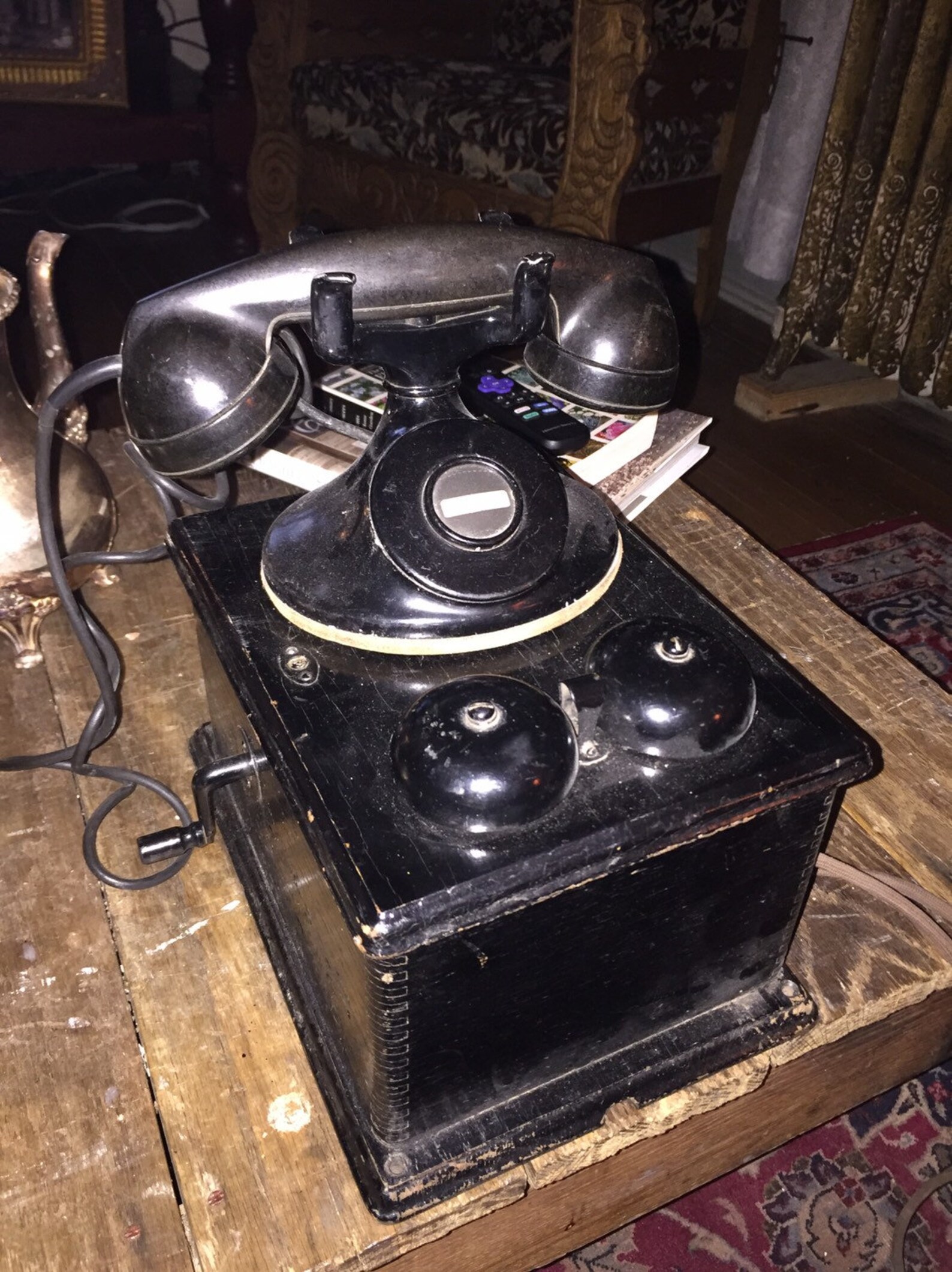 Antique Bakelite Desk Phone and Oak Ringer Box Which Was Painted Black ...