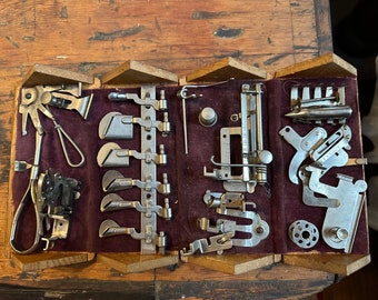 RARE Antique Singer Treadle Sewing Puzzle Oak Box Assorted Attachments ...