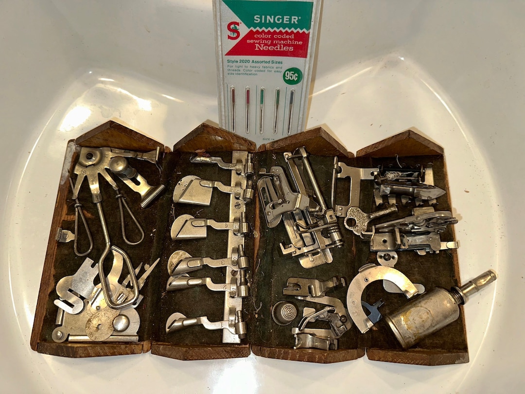 Antique Singer Puzzle Box Assorted Attachments and Bobbin Accessory Kit ...