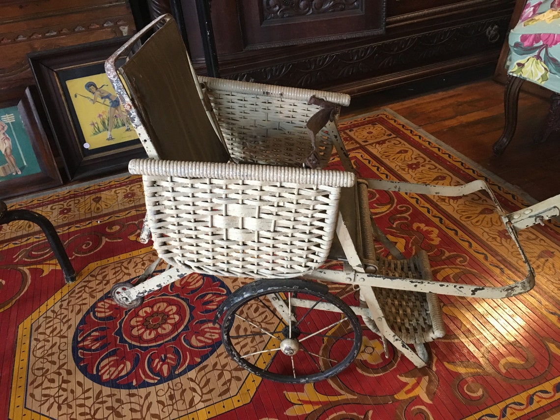 Fabulous Antique Wicker Doll/baby Rickshaw Stroller Rubber - Etsy