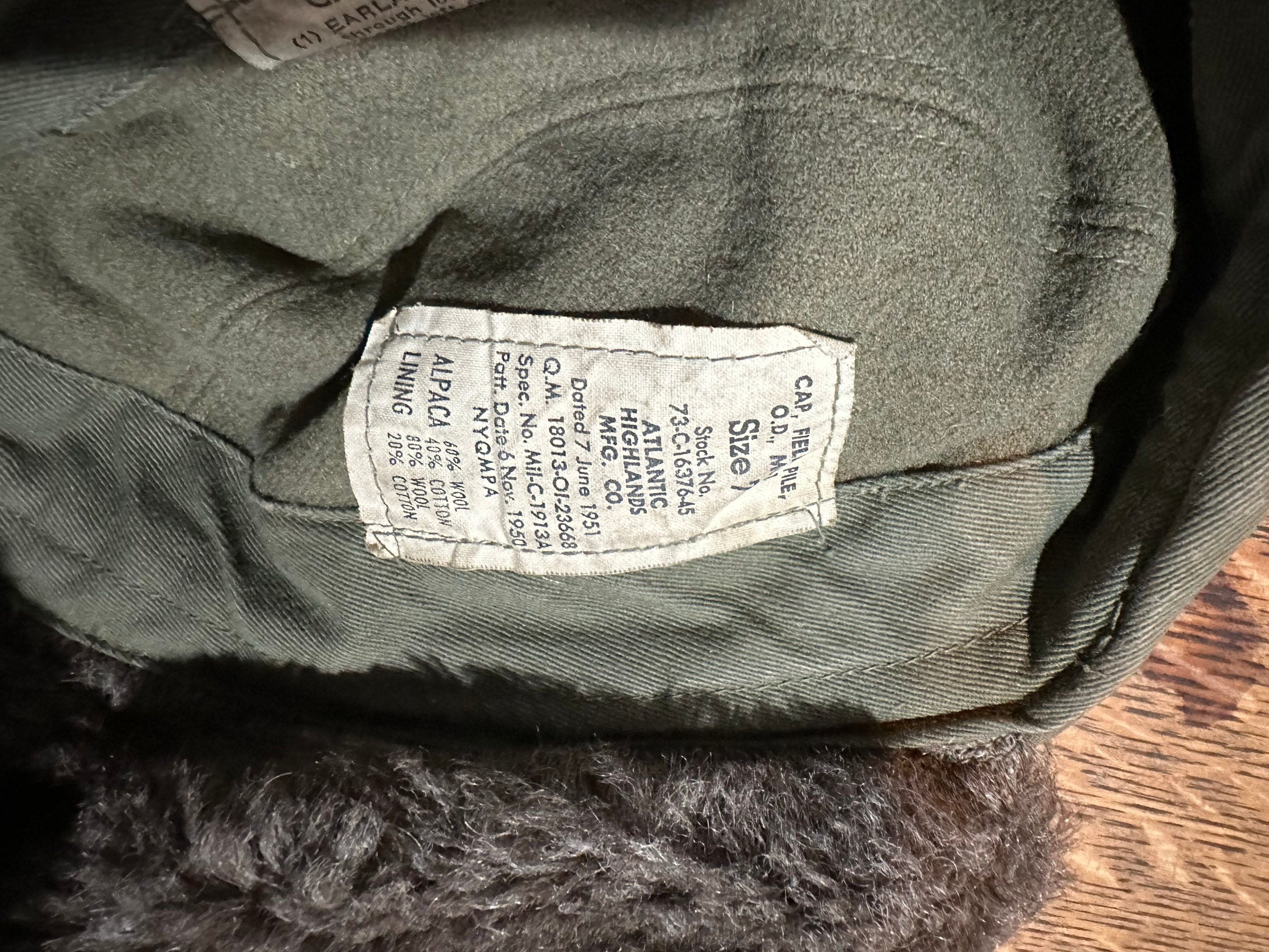 Korean Era US Army M1951 MQ-1 OD Pile Field Cap Hat Ear Flap Hat Size 7 ...