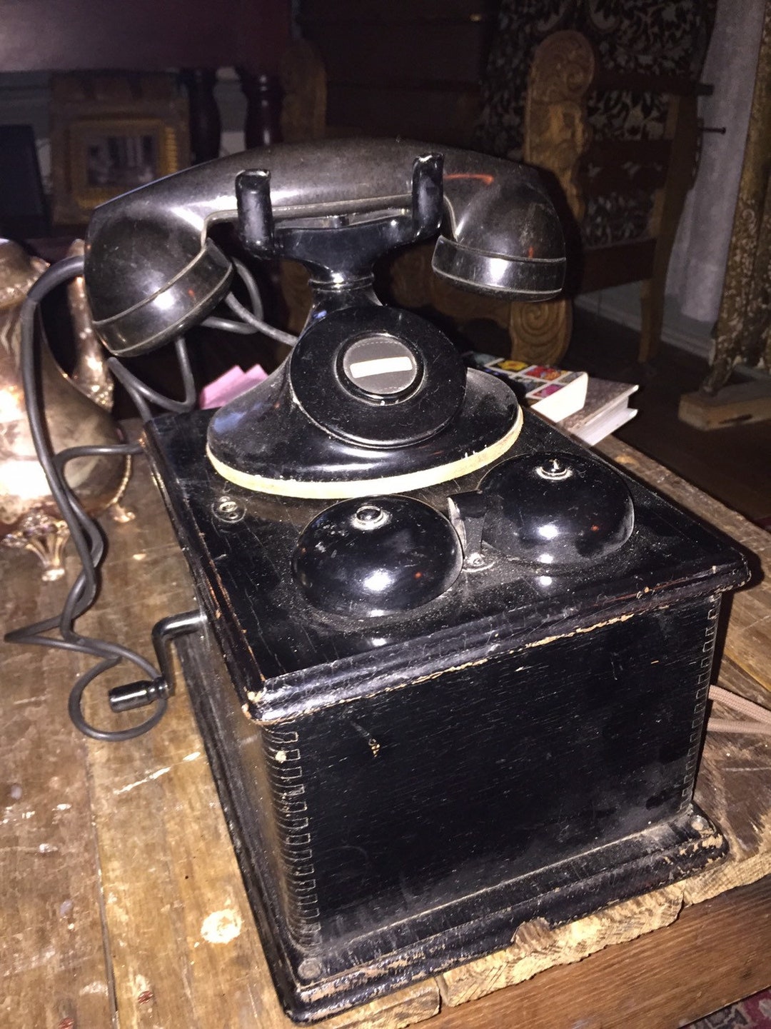 Antique Bakelite Desk Phone and Oak Ringer Box Which Was Painted Black ...
