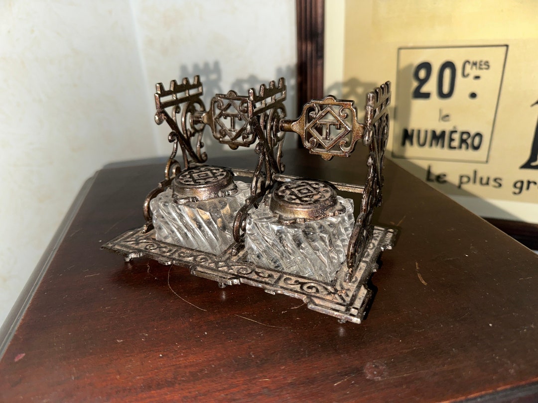 Antique Tatum Standard Ornate Cast Iron Inkwell Stand With 2 Glass ...