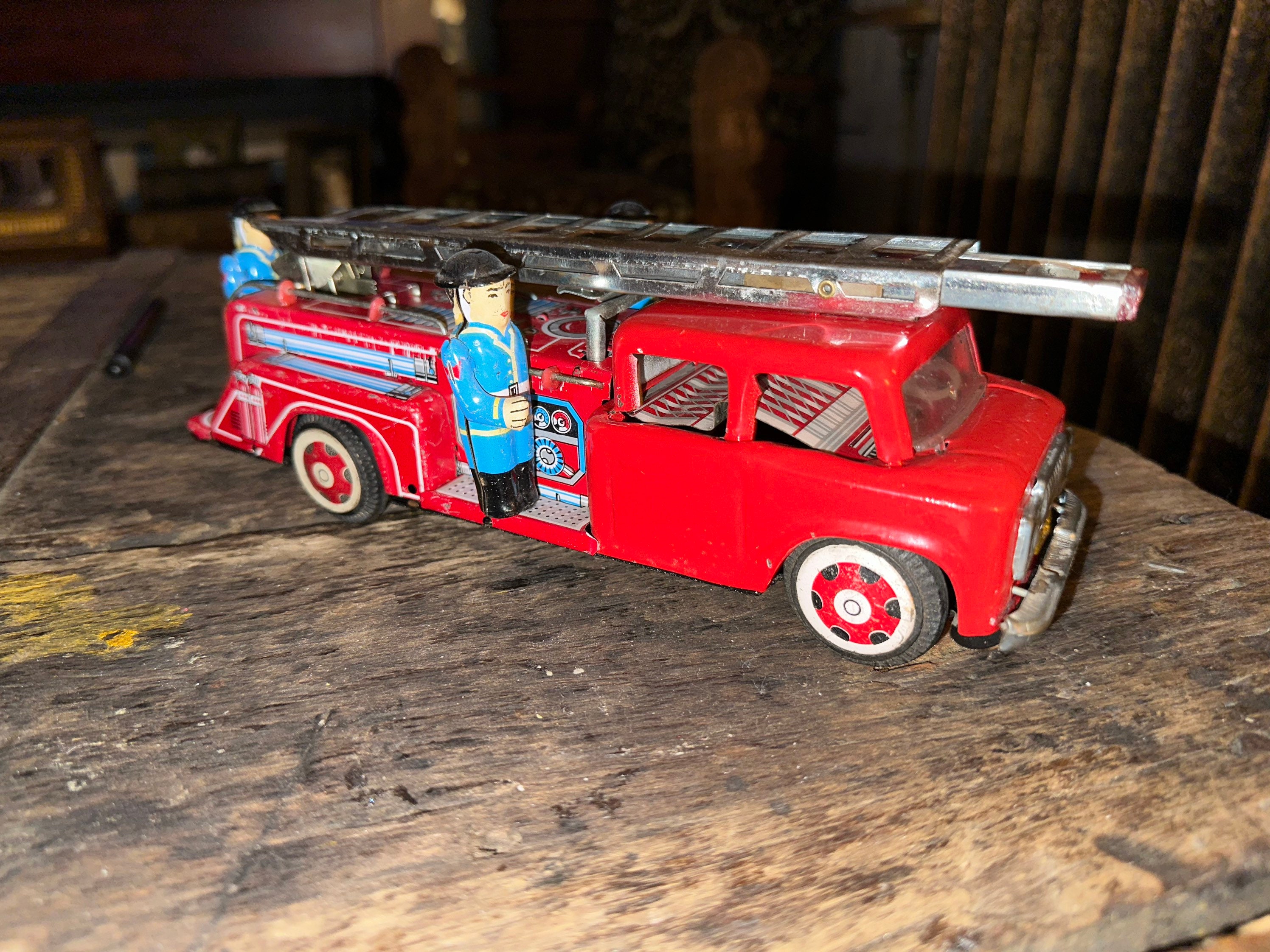 VINTAGE Fire Truck With Siren Friction Toy, Ladder Extends, Wheels Make ...
