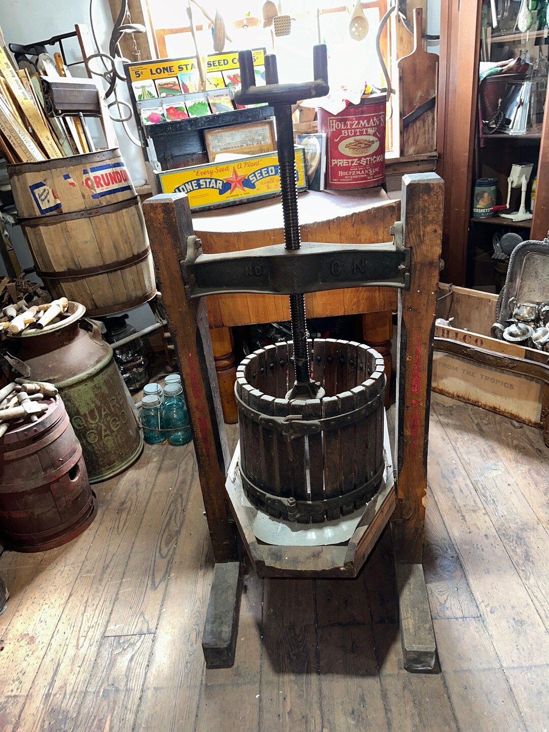 Antique Cast Iron and Wood Fruit/grape Crusher, Wine Press, Oasis Co ...