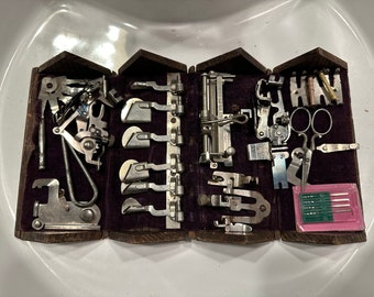 RARE Antique Singer Treadle Sewing Puzzle Oak Box Assorted Attachments ...