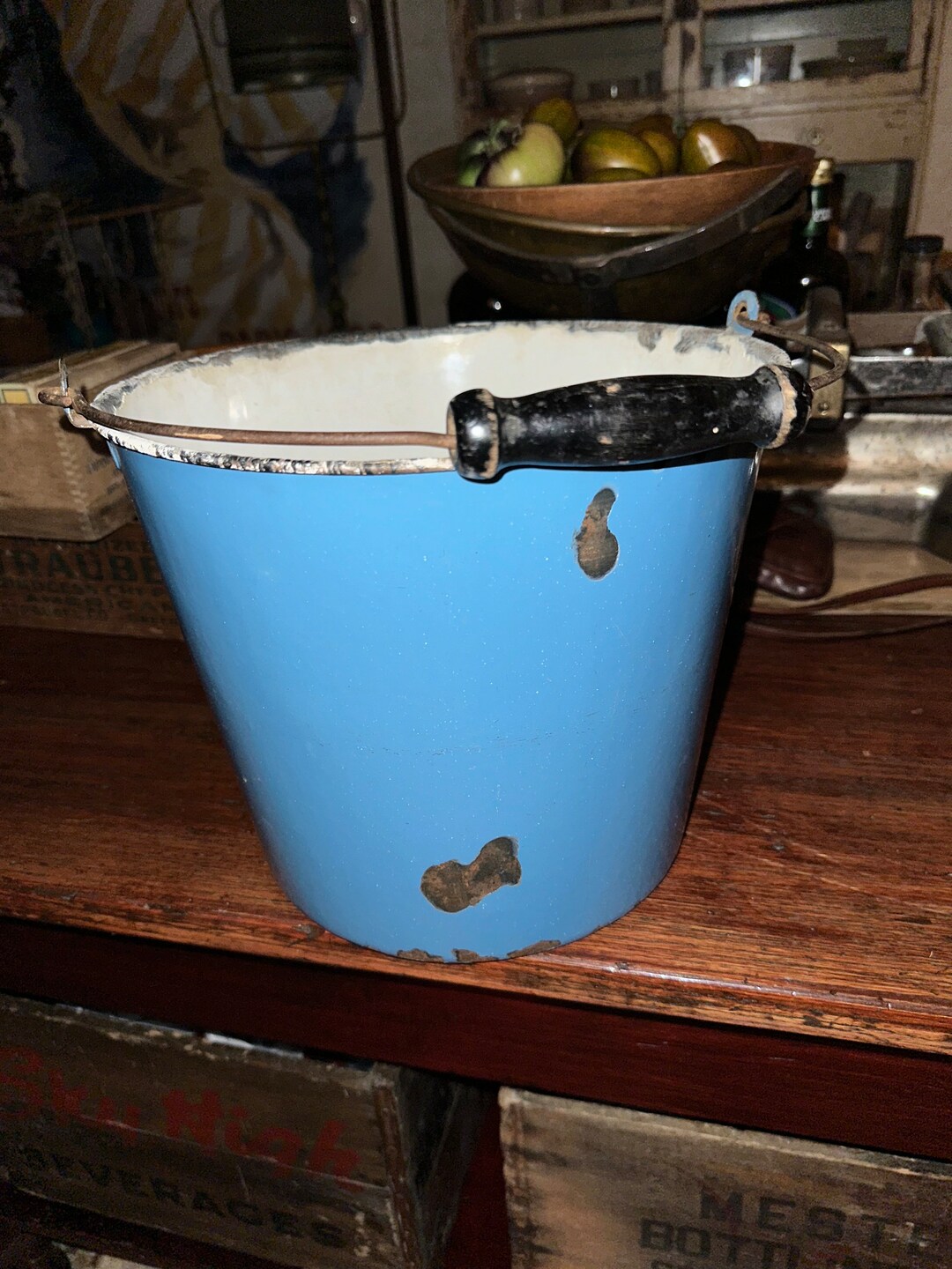 Antique Blue Porcelain Enamel Milk Pail Bucket Farm Primitive Wood ...